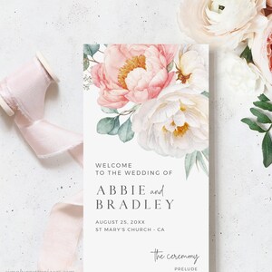 Peony Wedding Program, Peonies Ceremony Program, Garden Wedding Program, Blush Floral Order ...