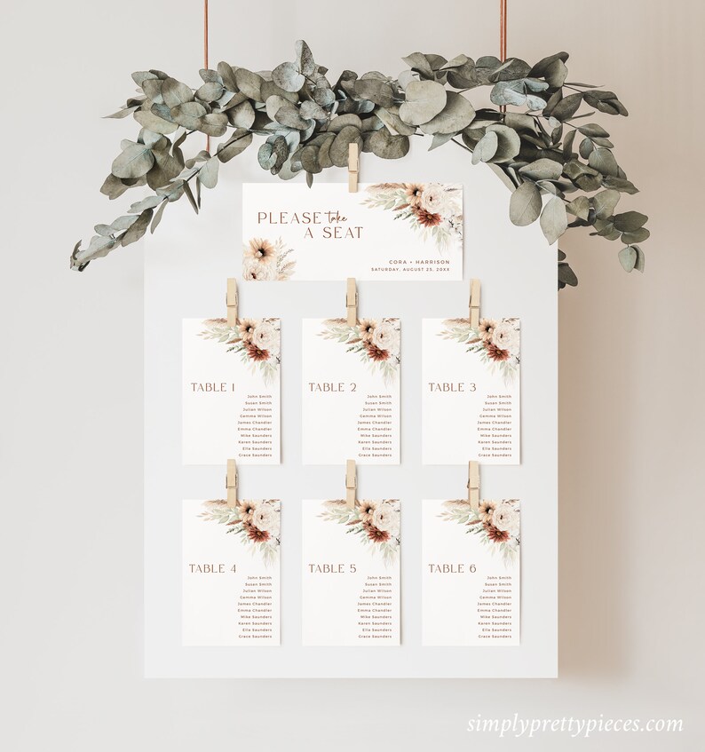 Editable Bohemian Seating Chart Template, Pampas Grass Dried Flower ...