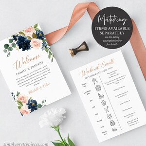 Navy Blush Rose Gold Floral Editable Wedding Welcome Sign, Shower Sign ...