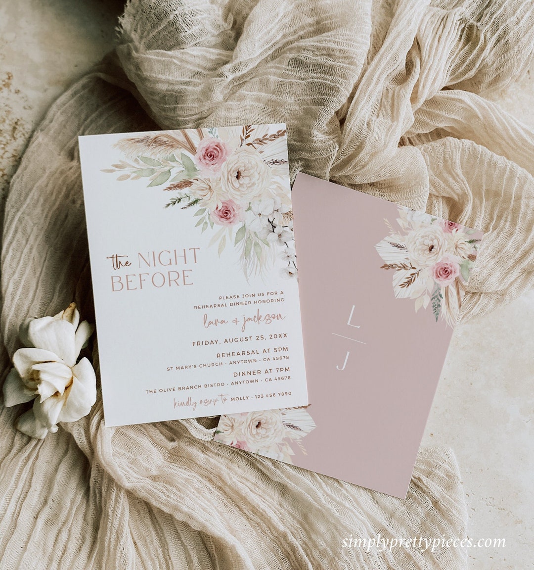 Dusty Rose Rehearsal Dinner Invitation, Boho Rehearsal Invite, Pampas ...