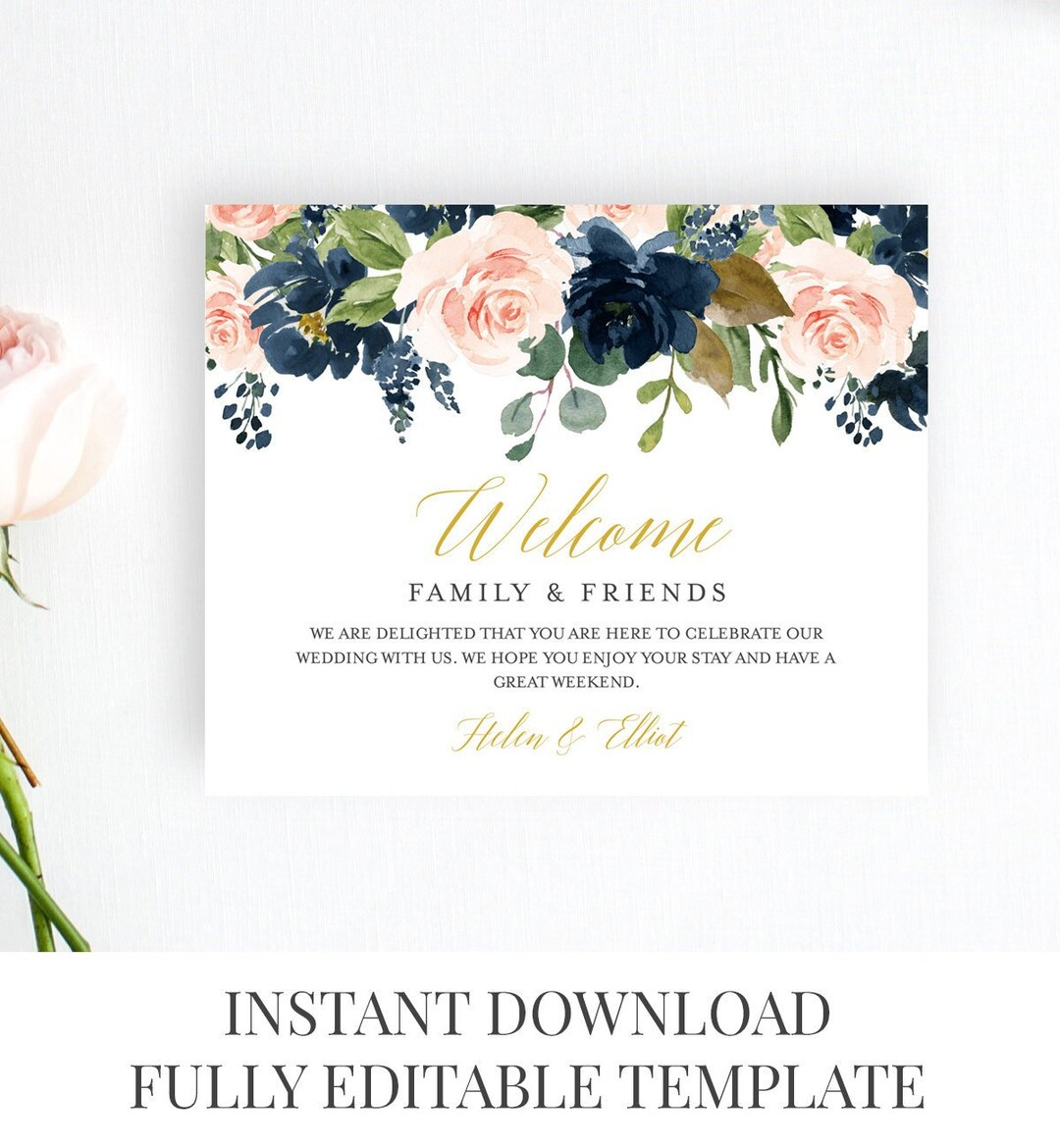 Navy Blush Floral Editable Welcome Bag Labels, Printable Hotel Bag ...