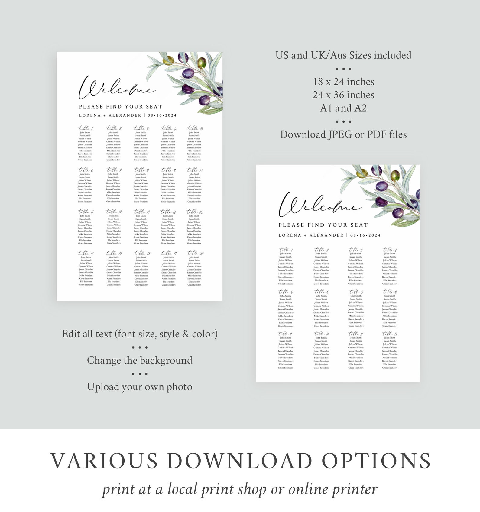 Olive Editable Seating Chart, Italian Mediterranean Printable Table ...