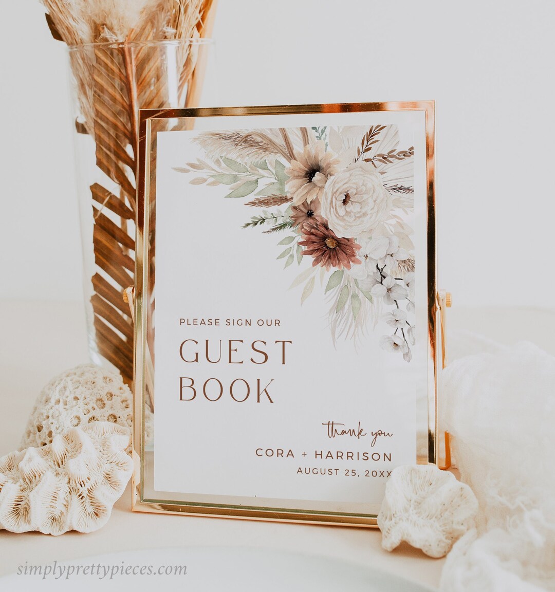 Boho Guest Book Sign, Editable Bohemian Pampas Grass Sign Our Guestbook ...