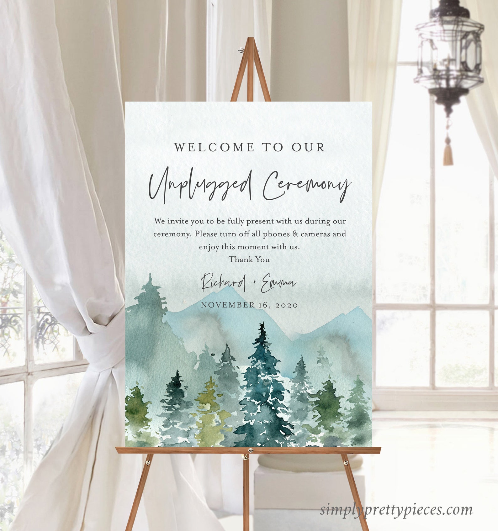 Editable Rustic Mountains Unplugged Wedding Sign Woodland | Etsy