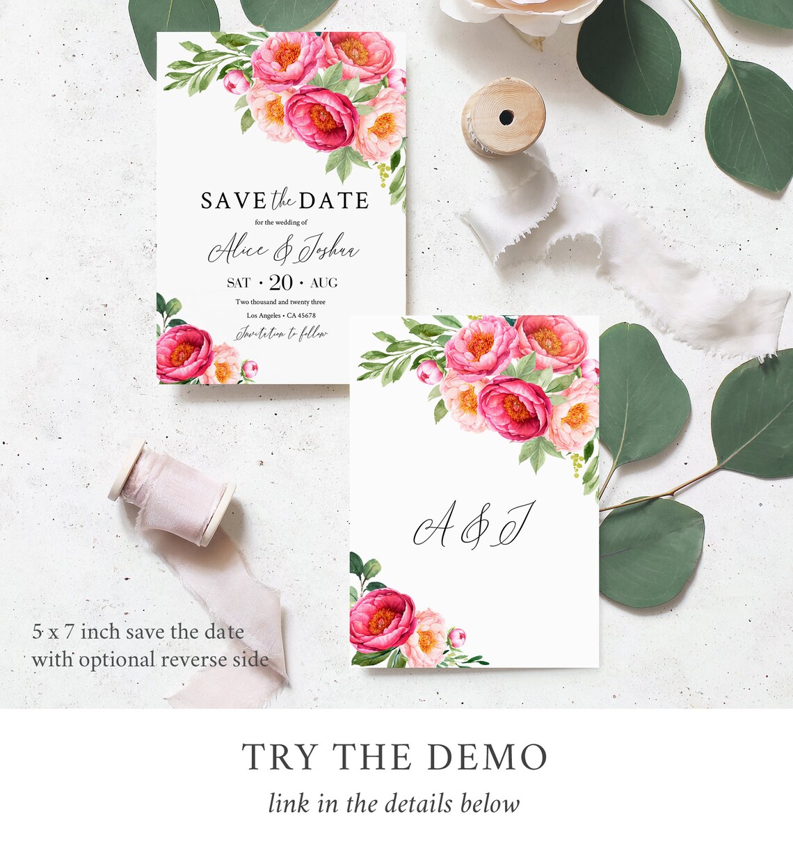 Coral Fuchsia Peonies Floral Editable Save the Date Printable - Etsy