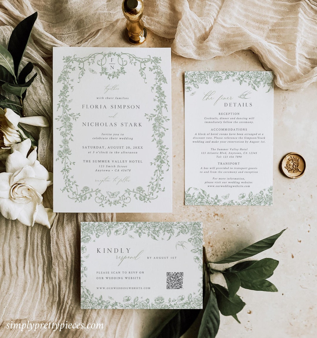 Sage Green Toile De Jouy Wedding Invitation Set QR Code RSVP, French ...