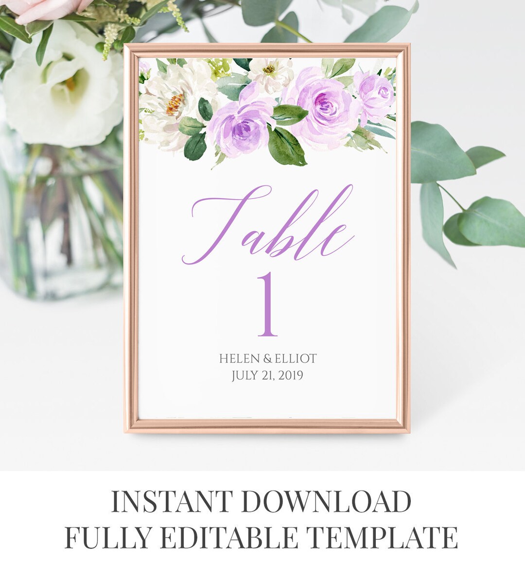 Purple Floral Editable Table Numbers, Printable Table Numbers, Lavender ...