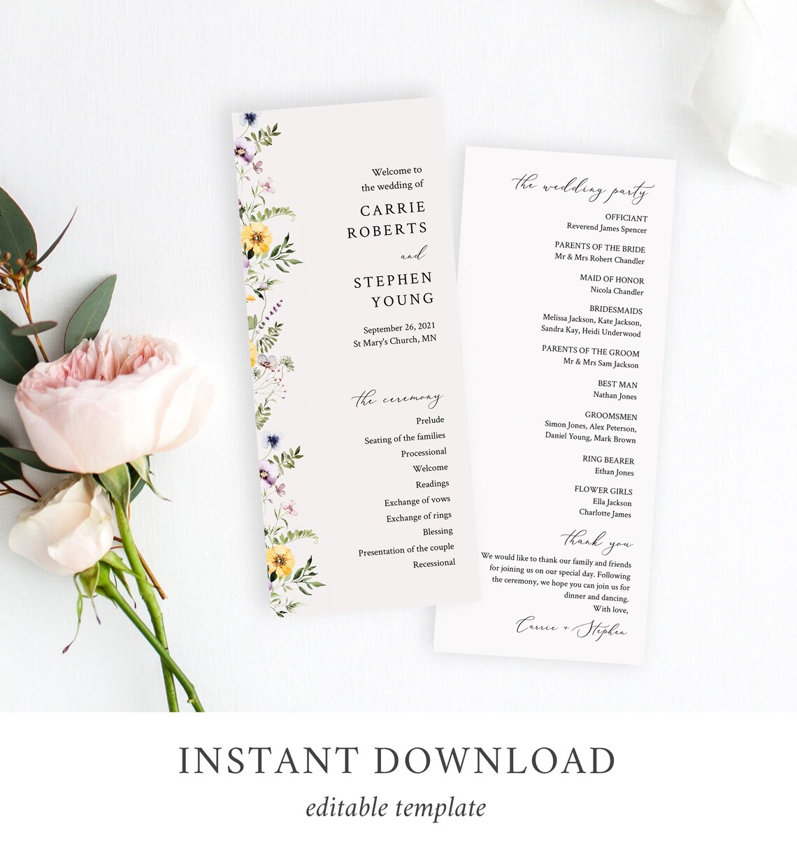 Wildflower Editable Wedding Program Green Purple Floral - Etsy