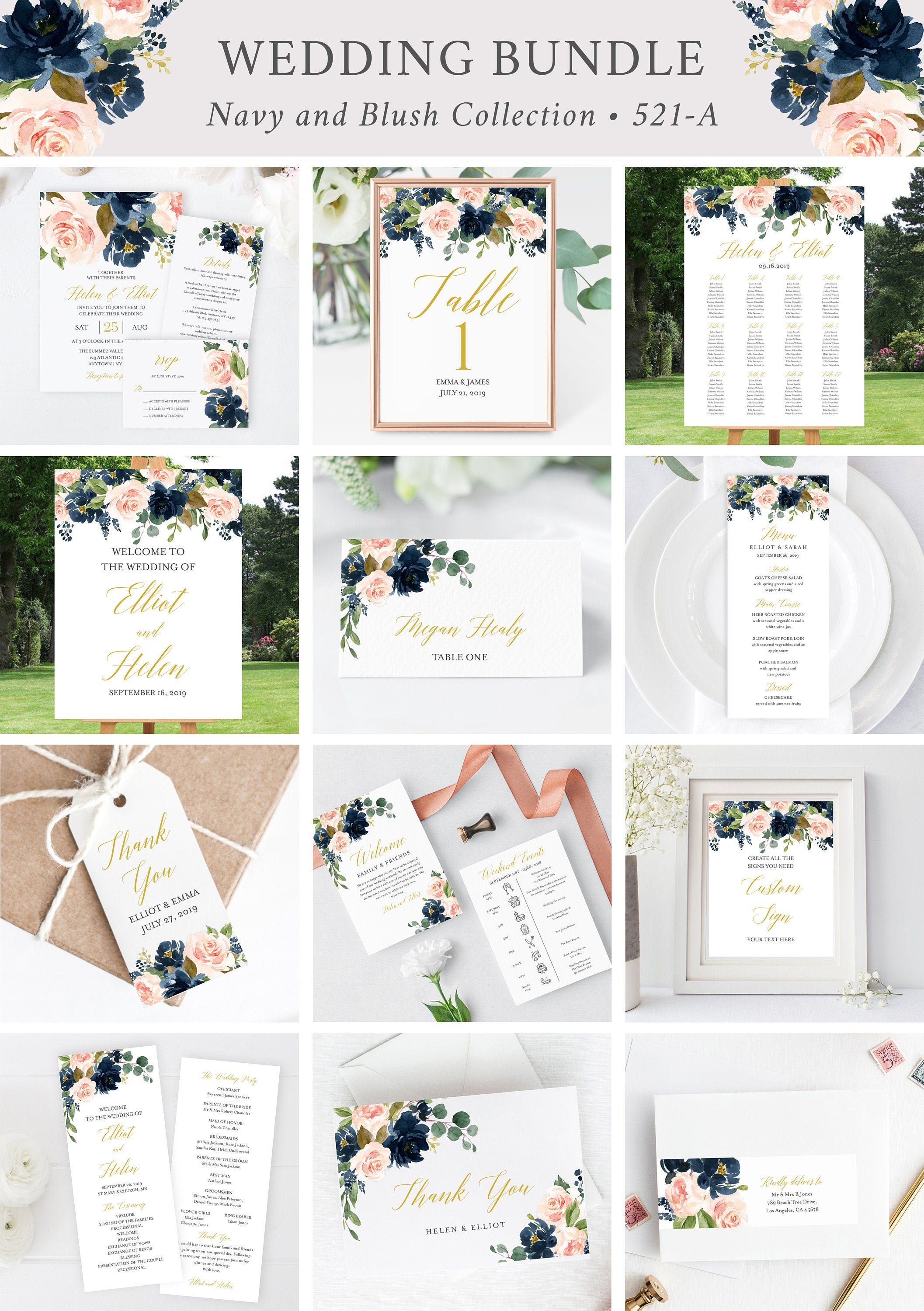Gold Navy Blush Editable Wedding Bundle Printable Pink | Etsy