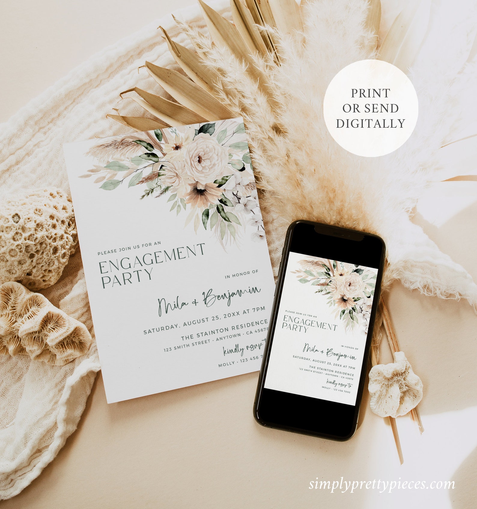 Sage Boho Editable Engagement Party Photo Invitation, Pampas Grass ...