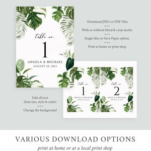 Monstera Editable Table Numbers, Printable Tropical Greenery Wedding ...