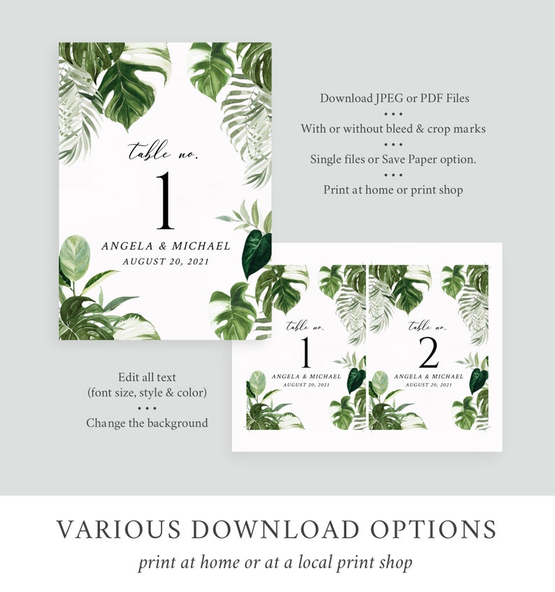 Monstera Editable Table Numbers, Printable Tropical Greenery Wedding ...