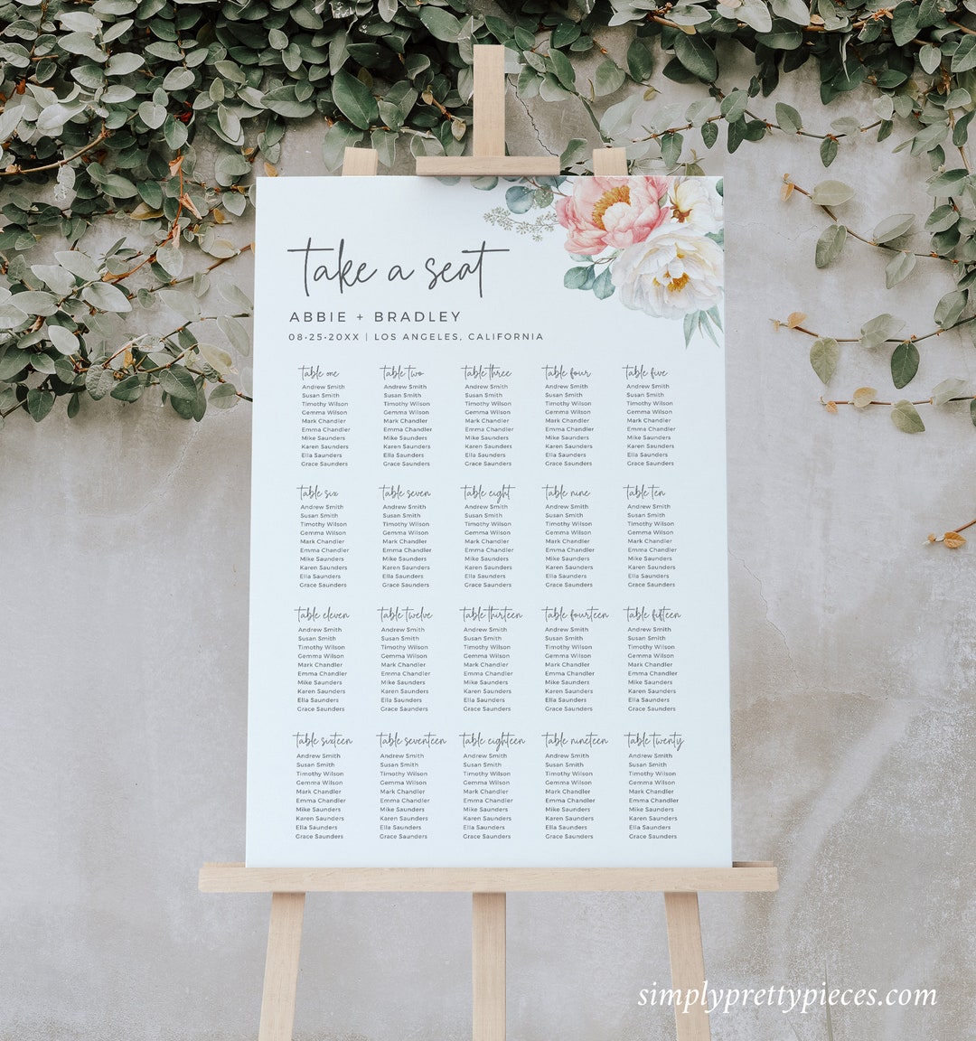 Peony Wedding Seating Chart, Blush Floral Seating Chart, Modern Peony ...