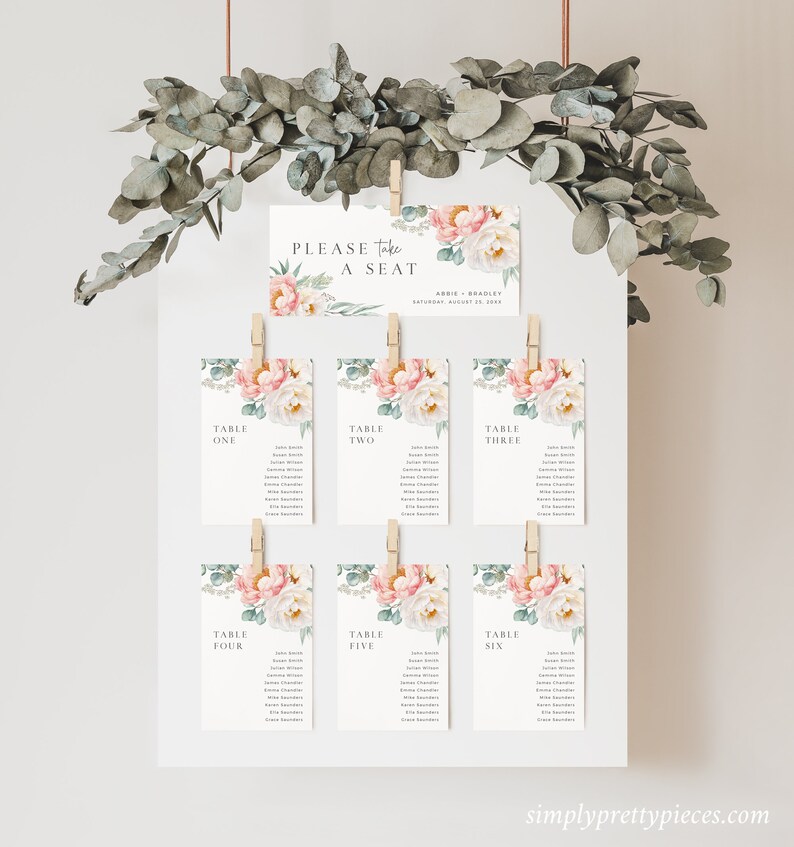 Peony Wedding Seating Chart, Peonies Wedding Seating Plan, Blush ...