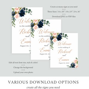 Navy Blush Rose Gold Floral Editable Wedding Welcome Sign, Shower Sign ...