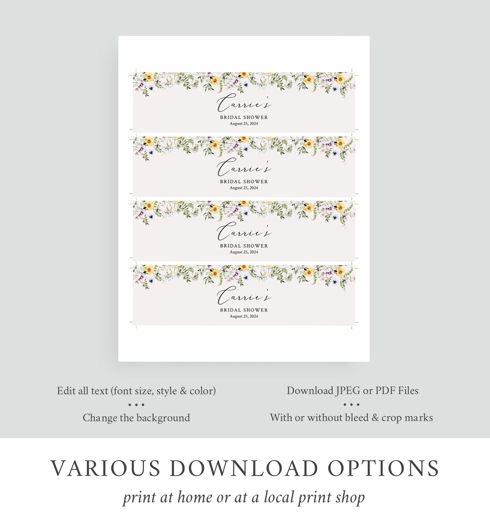 Wildflower Editable Water Bottle Labels Wild Flower Greenery - Etsy