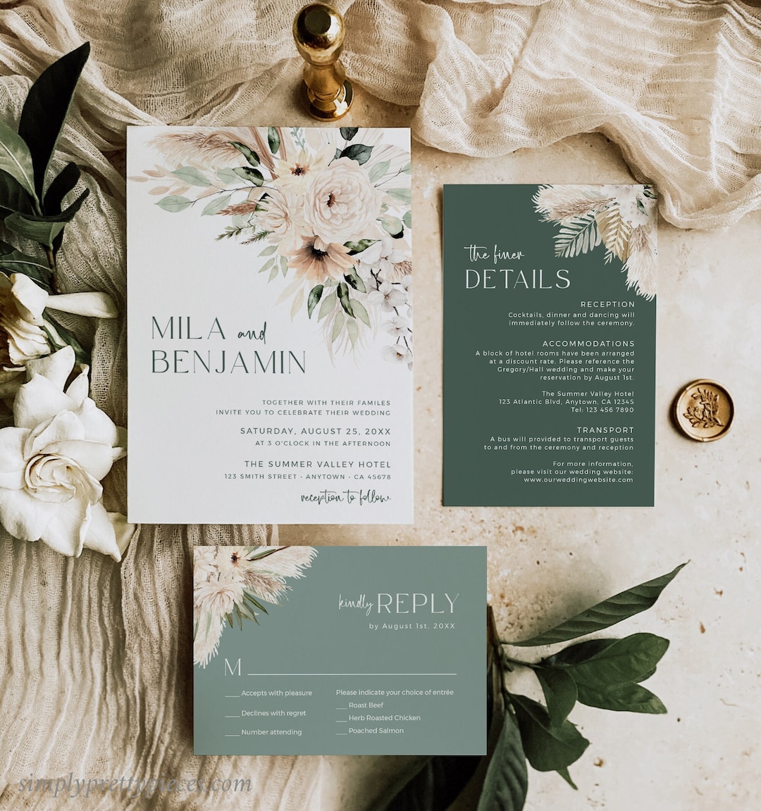Boho Wedding Invitation Suite, Sage Green Invite Set, Pampas Grass ...