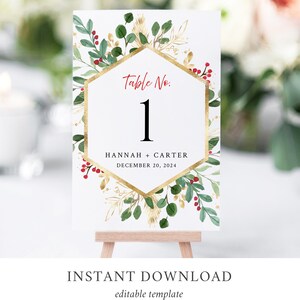 Red Green Gold Editable Table Numbers, Printable Christmas Table ...
