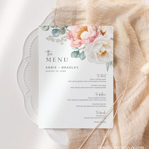 Peony Menu, Peonies Wedding Menu, Blush Floral Table Menu, Garden ...