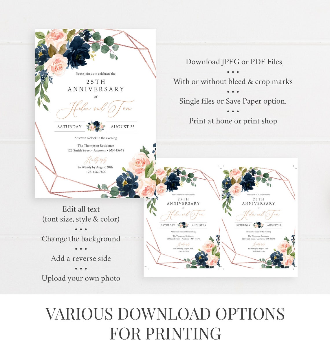 Blush Navy Rose Gold Floral Editable Anniversary Party - Etsy