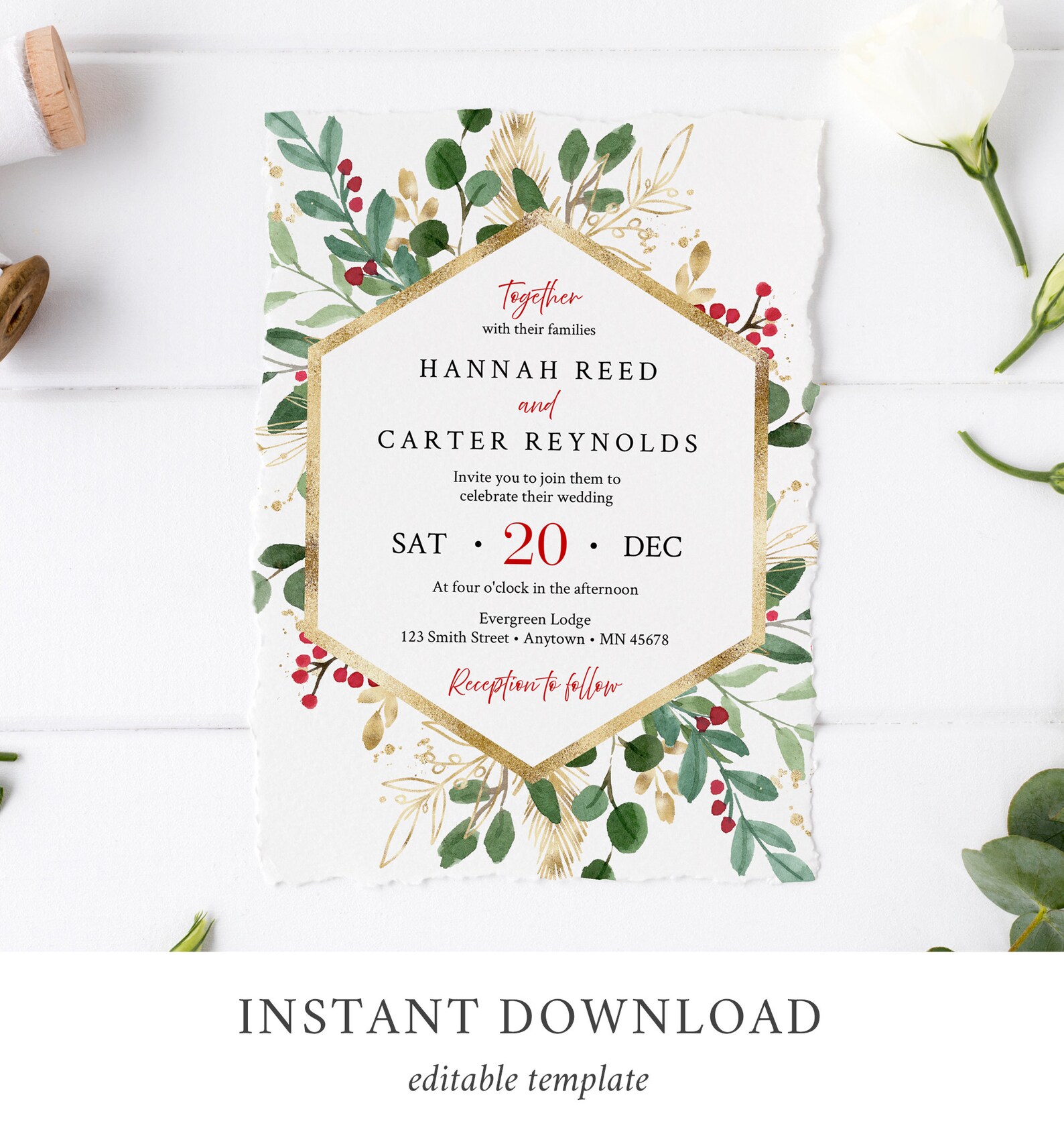 Editable Winter Red Berry Wedding Invitation, Gold Greenery Christmas ...