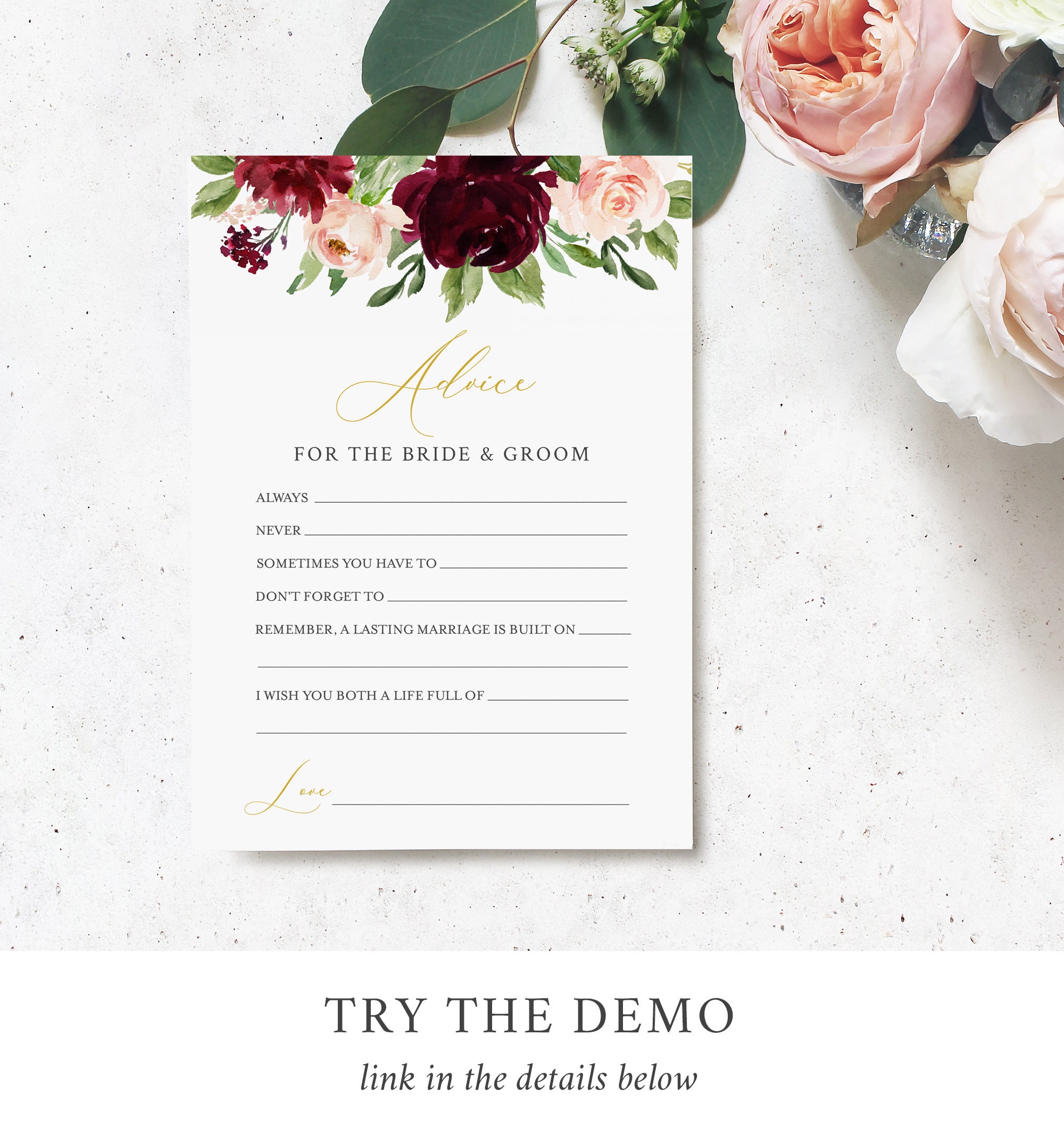 Paper And Party Supplies Advice Card Editable Burgundy Blush Gold Floral