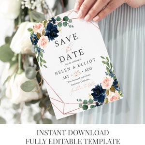 Navy Blush Rose Gold Geometric Editable Save the Date, Printable Save ...