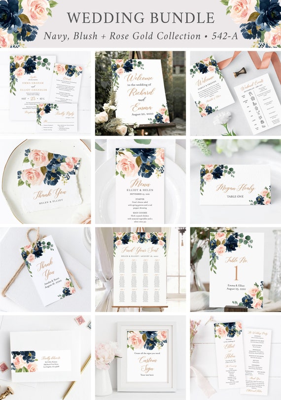 Navy Blush Rose Gold Editable Wedding Bundle Printable | Etsy
