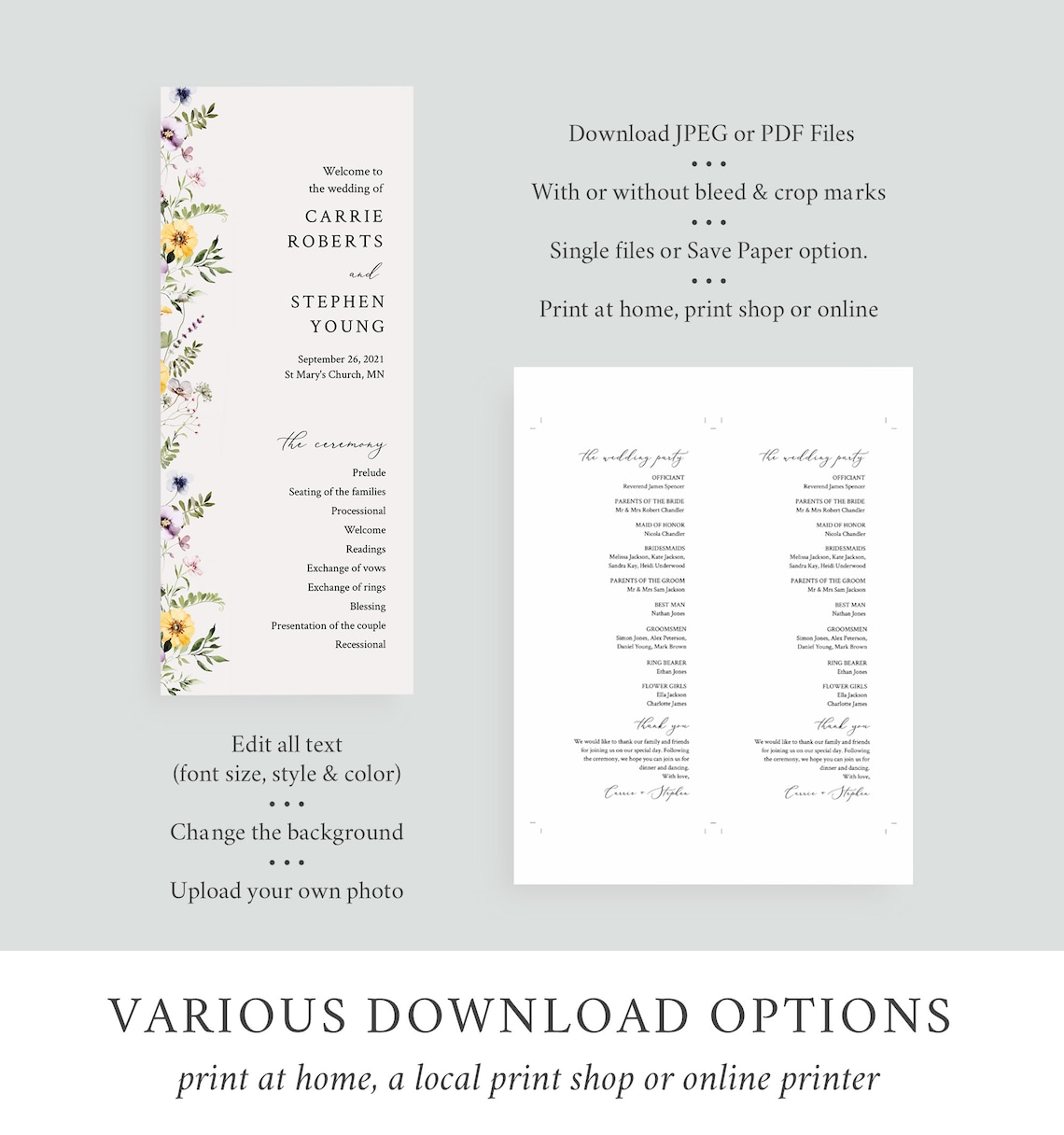 Wildflower Editable Wedding Program Green Purple Floral - Etsy