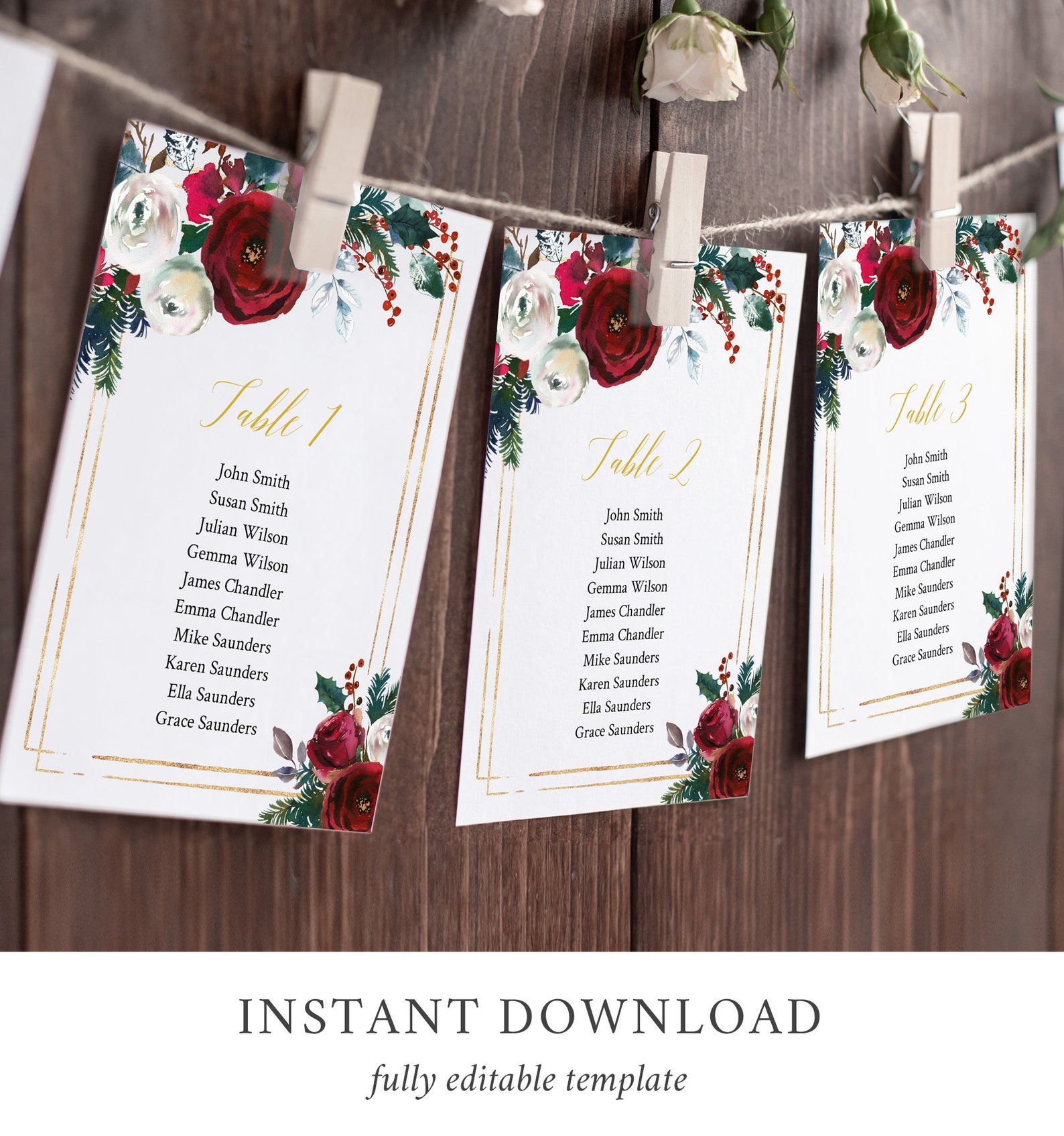Christmas Editable Seating Chart Template, Burgundy Hanging Table Cards ...
