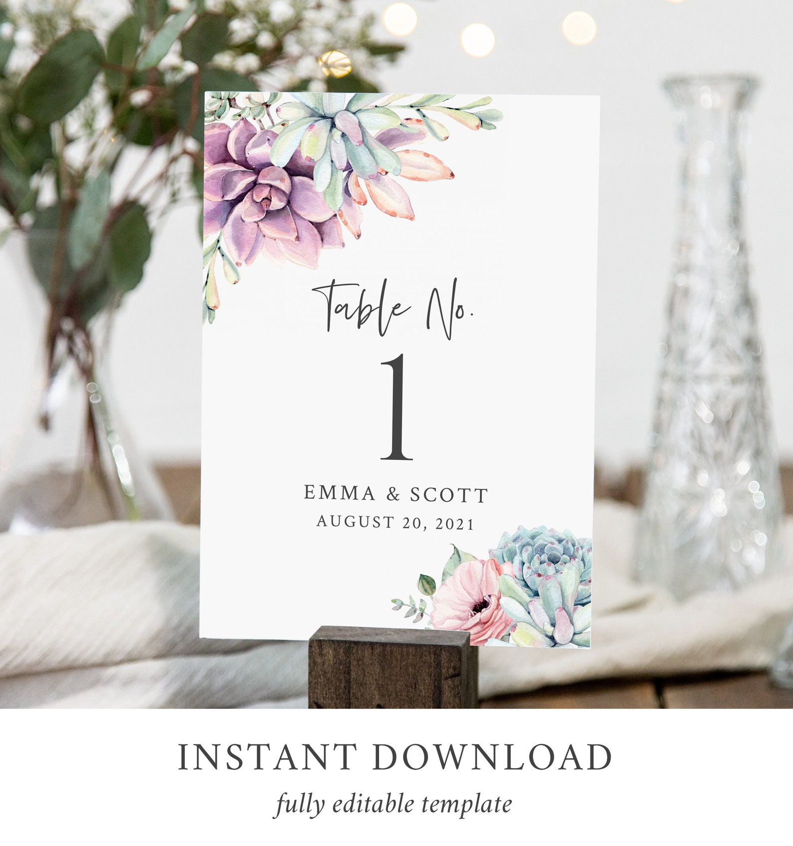 Succulent Boho Editable Table Numbers, Printable Pink Blue Wedding ...