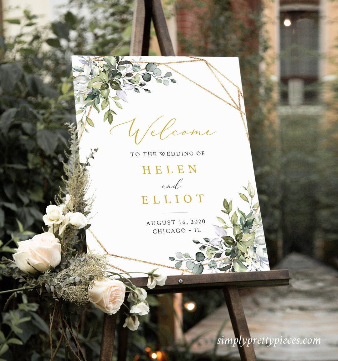 Foliage Gold Geometric Editable Wedding Welcome Sign, Botanical Shower ...