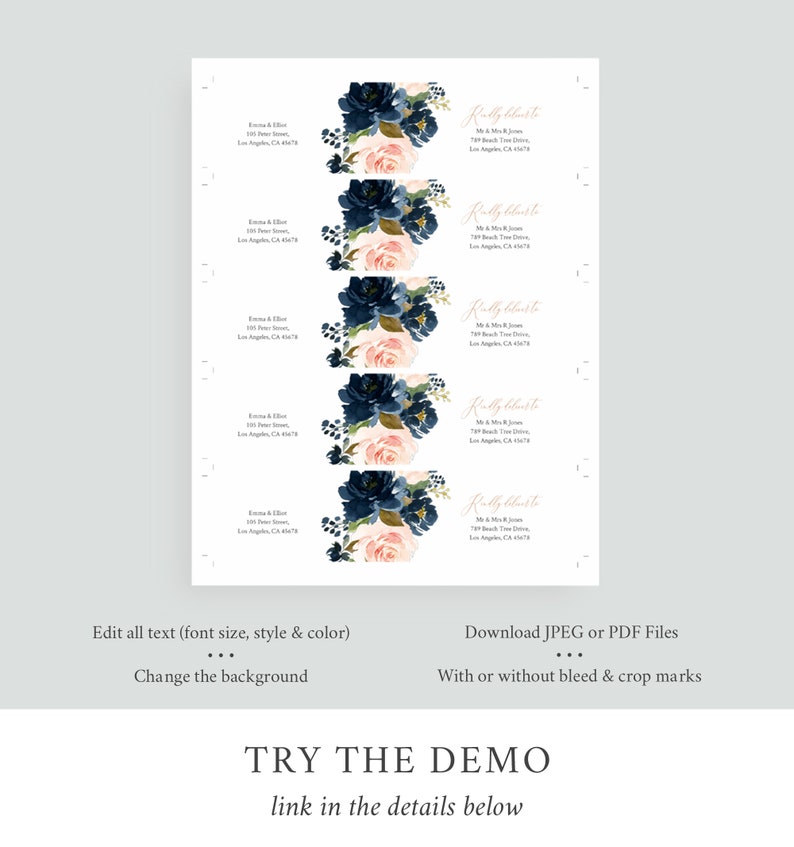 Navy Rose Gold Editable Wrap Around Address Label Template | Etsy