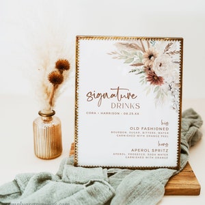 Boho Signature Drinks Sign, Editable Pampas Grass Cocktails Sign ...