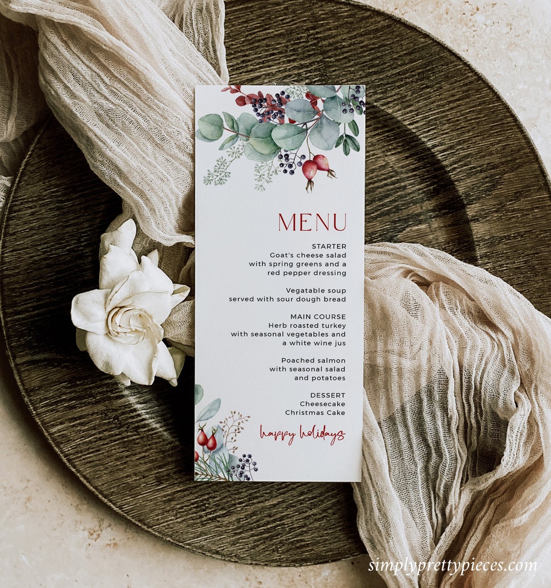 Editable Christmas Menu Template, Modern Winter Foliage Printable Menu ...