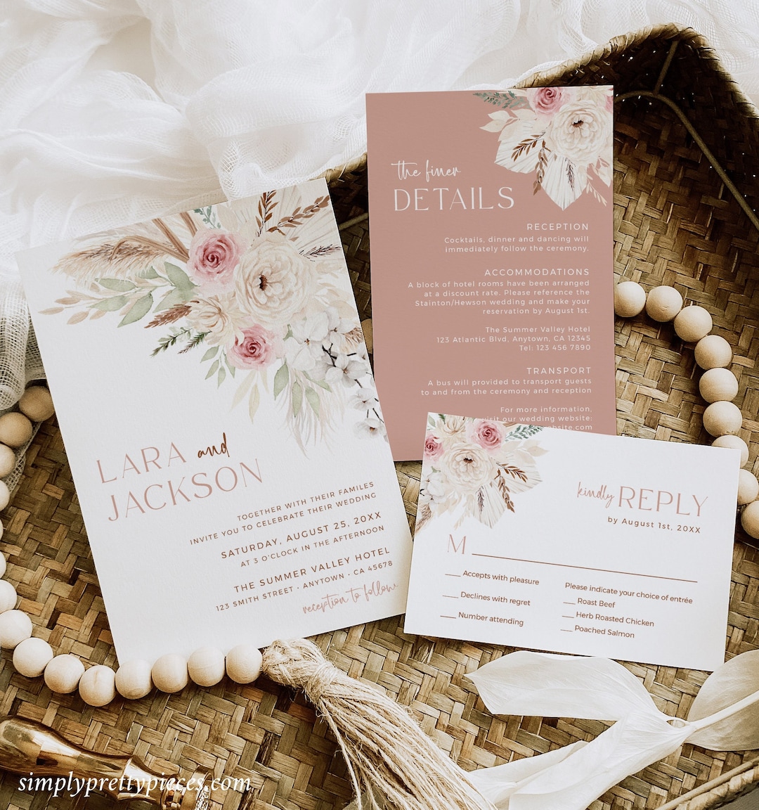Bohemian Wedding Invitation Suite, Dusty Rose Invite Set, Pampas Grass ...