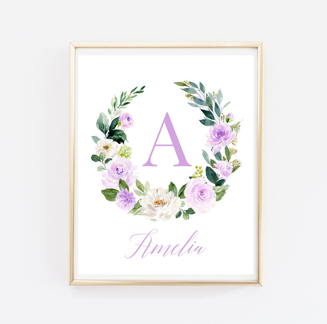 Purple Monogram Boho Printable Wall Art Floral Wreath - Etsy