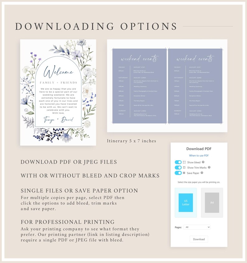 Dusty Blue Wildflower Wedding Weekend Itinerary Template, Floral ...