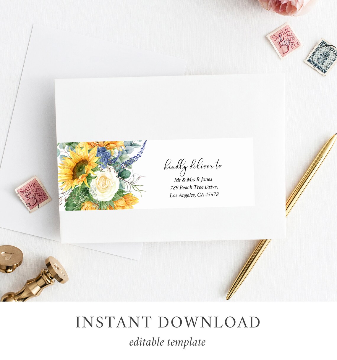 Editable Sunflower Wrap Around Address Label Template Yellow - Etsy