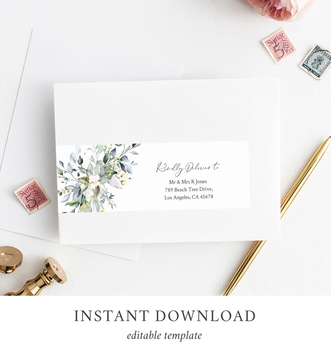 Foliage Grey Editable Wrap Around Address Label Template | Etsy