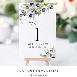 Editable Olive Table Numbers, Printable Olive Tree Branch Table Card ...
