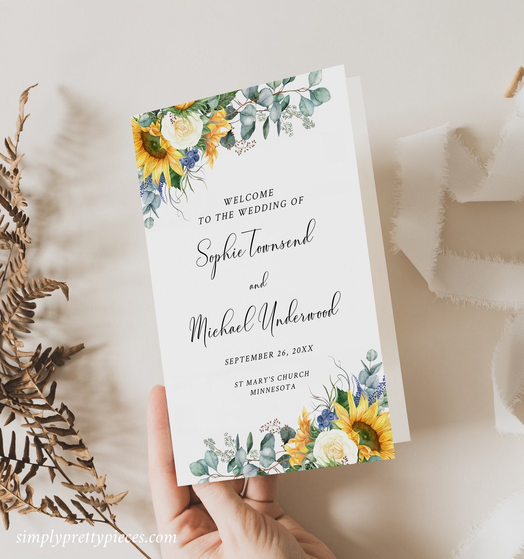 Sunflower Editable Booklet Program, Foldable Yellow Floral Wedding ...