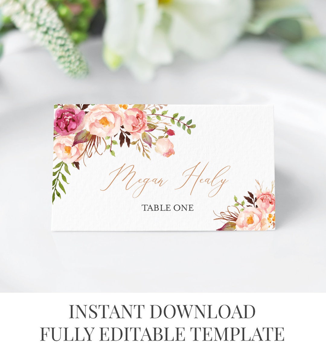 Rose Gold Boho Place Cards Editable Pink Floral Seating Cards, Blush ...