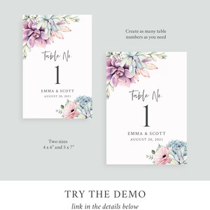 Succulent Boho Editable Table Numbers, Printable Pink Blue Wedding ...