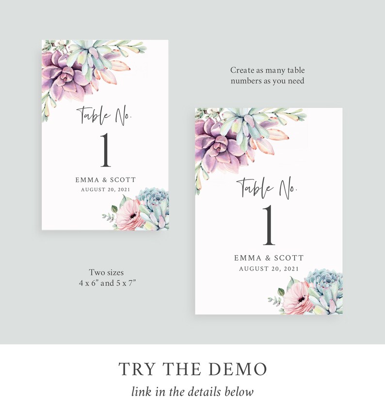 Succulent Boho Editable Table Numbers, Printable Pink Blue Wedding ...