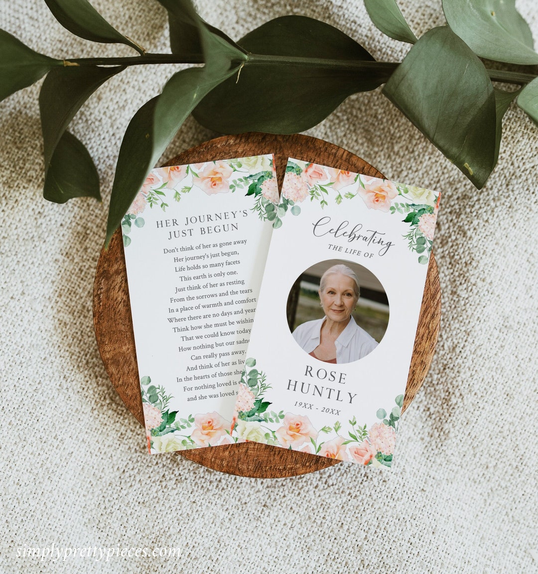 Peach Floral Funeral Prayer Card Woman, Memorial Prayer Card Printable ...