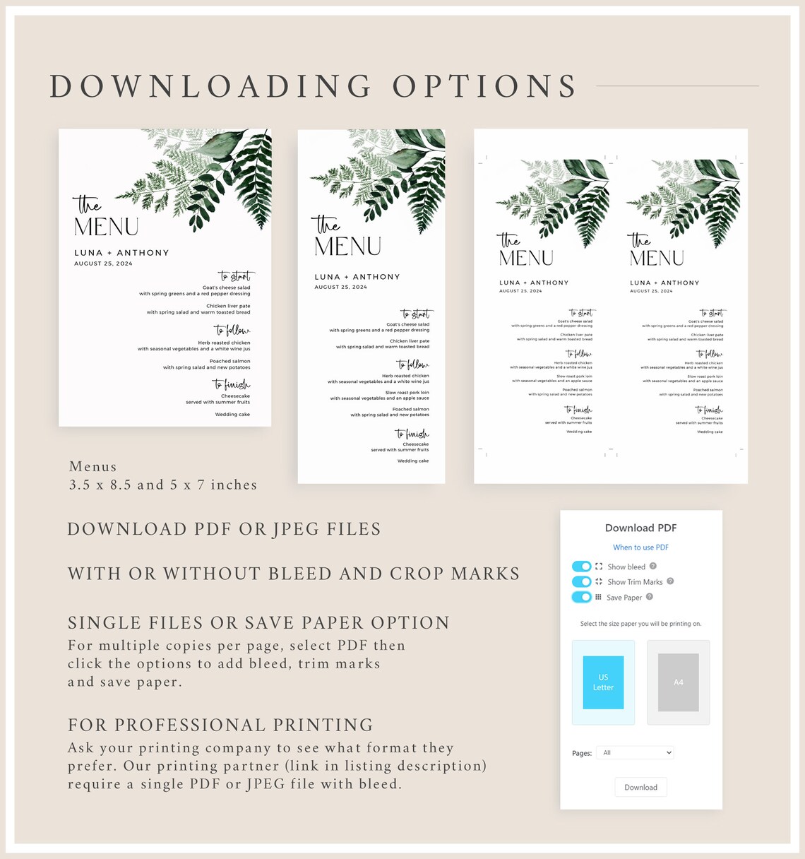 Modern Botanical Editable Menu Greenery Minimal Table Wedding - Etsy