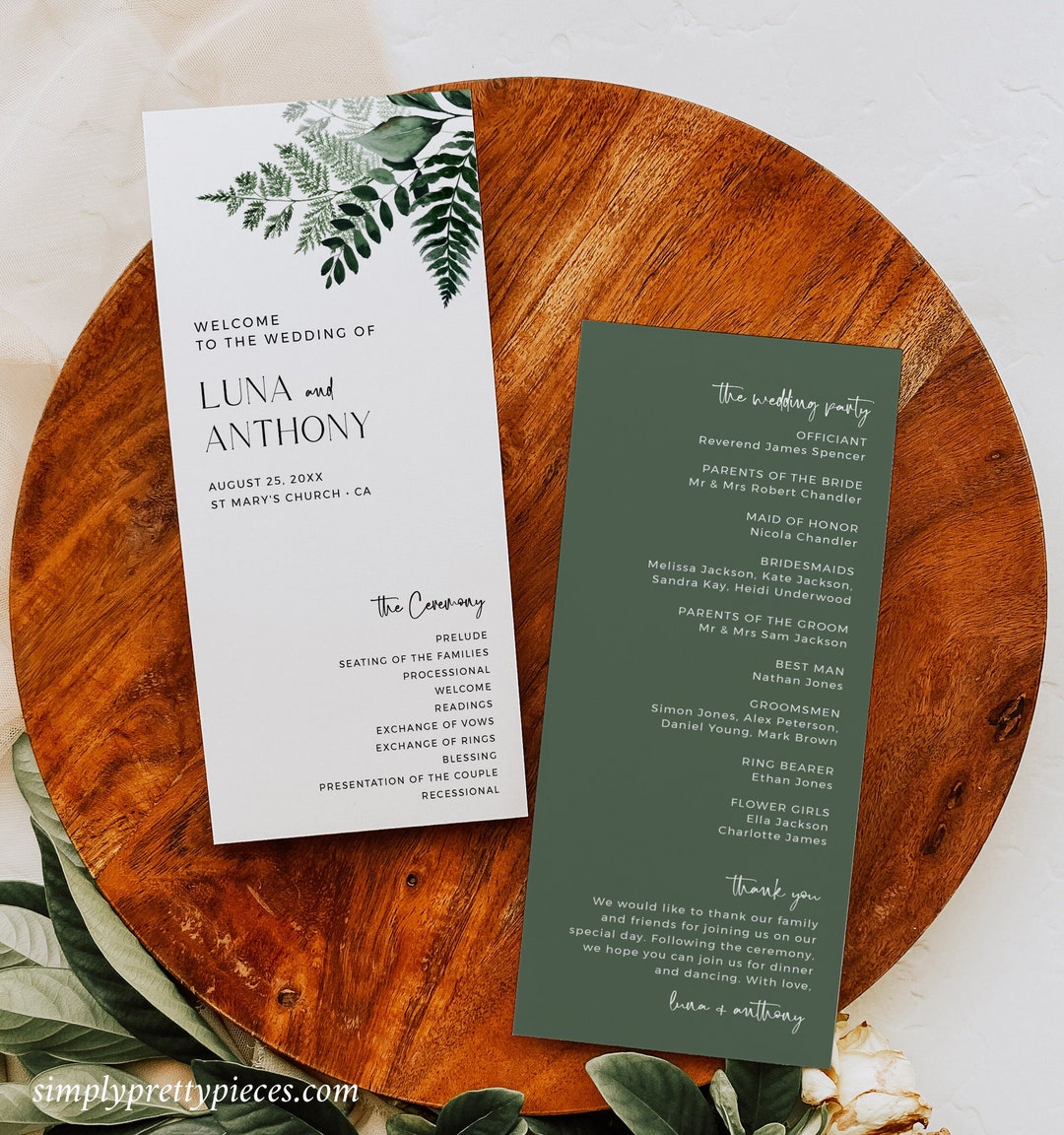 Modern Botanical Editable Wedding Program, Minimal Fern Foliage Program ...