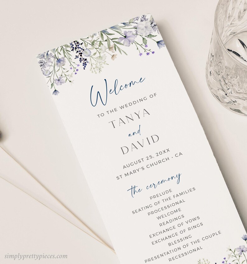 Dusty Blue Wedding Program Template, Wildflower Ceremony Program ...