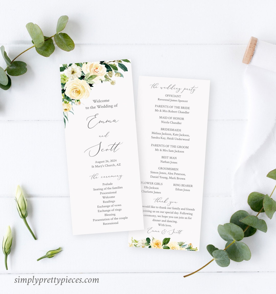 Yellow Floral Editable Wedding Program, Greenery White Floral Program ...